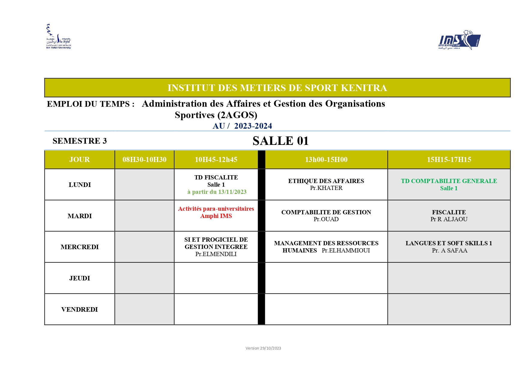 Emploi du temps – IMS