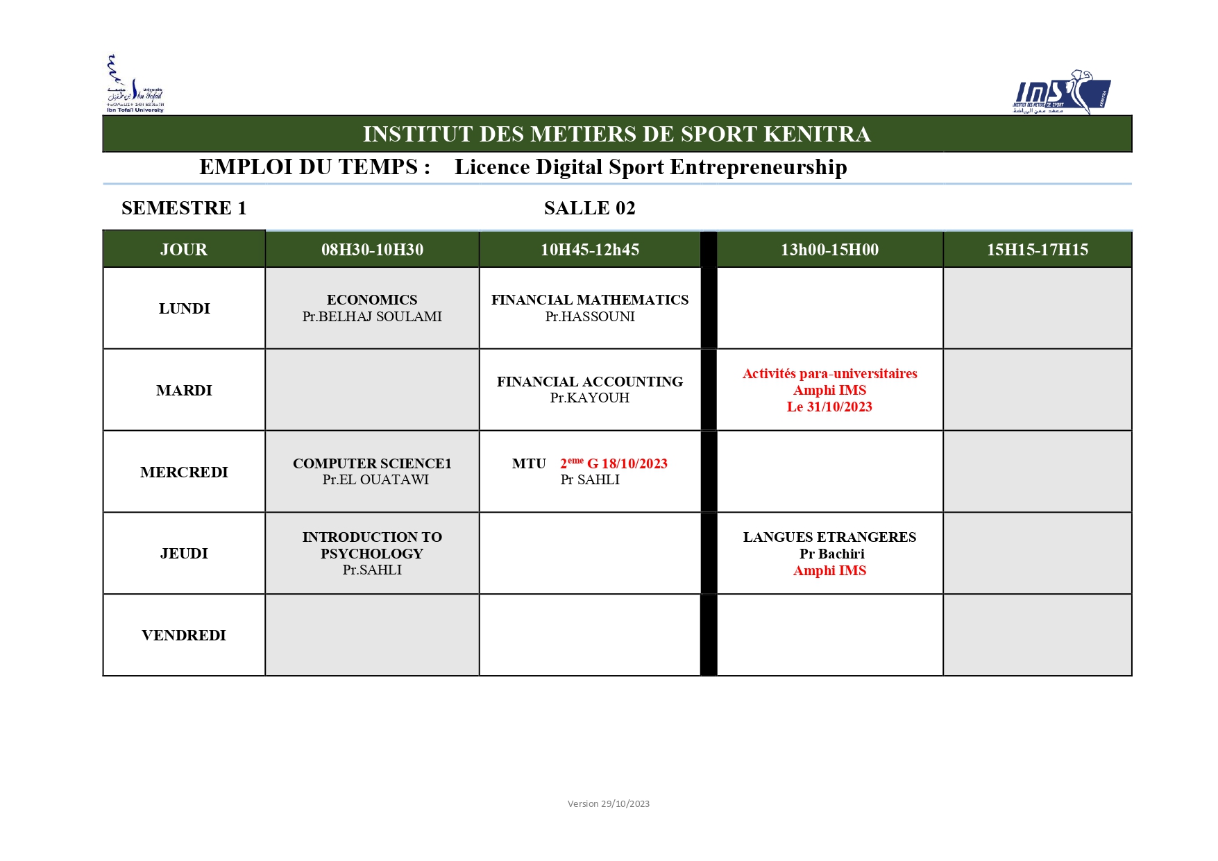 Emploi du temps – IMS
